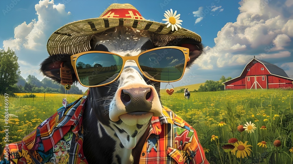 Funny cool cartoon character cow wearing farmer fashion in farmland ...