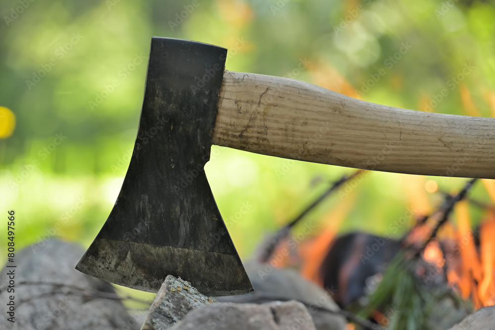 Hatchet embedded in a log of wood opposite campfire Stock Photo | Adobe ...