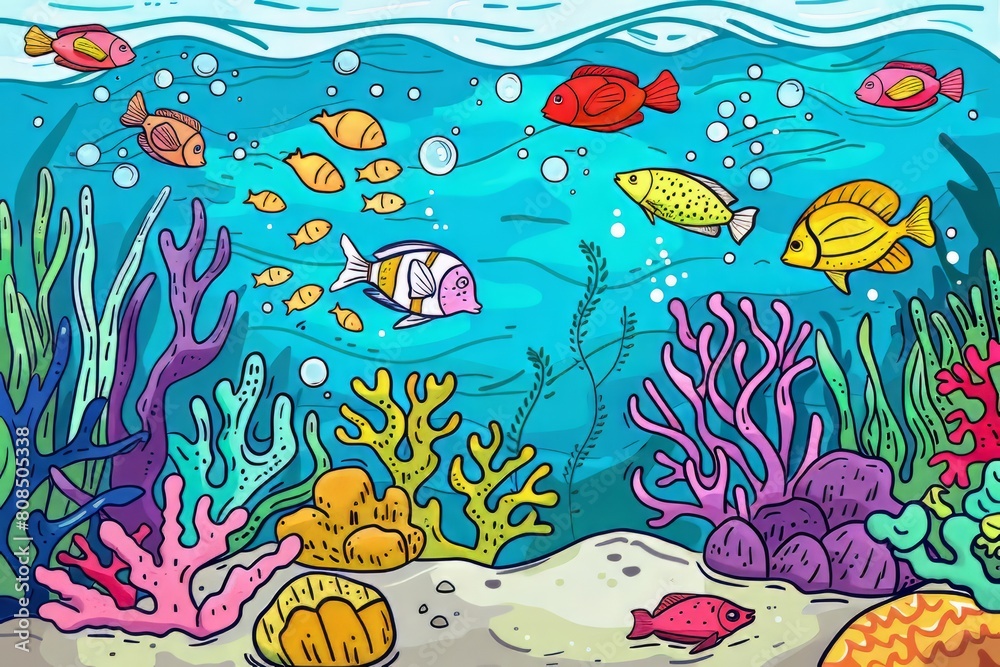 Cartoon cute doodles of a vibrant coral reef, endangered by coral ...