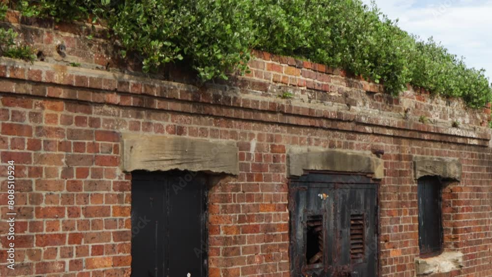 Tilt down reveal of abandoned brick bunker under grass handheld Stock ...