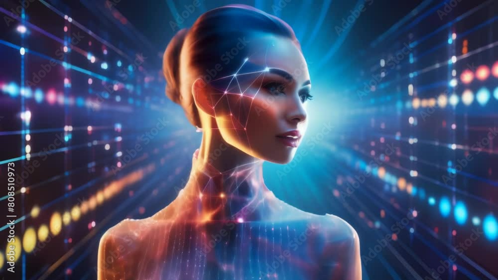 Vidéo Stock A wireframe 3D human form stands before a backdrop of ...