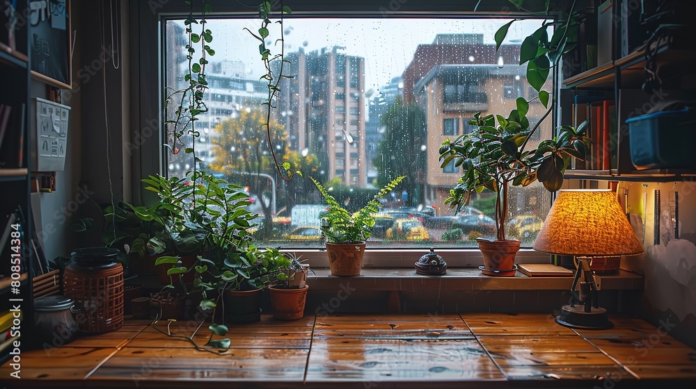 Gazing out of a window from a cluttered desk with plants. Generative Ai ...