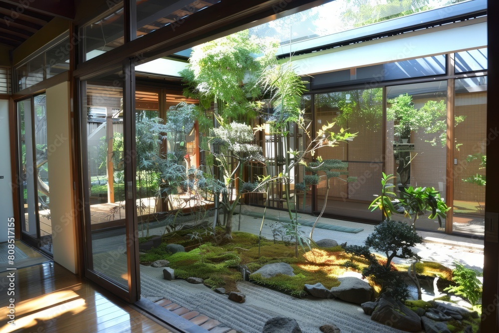 A sunlit atrium in a Japanese house, with sliding glass doors opening ...