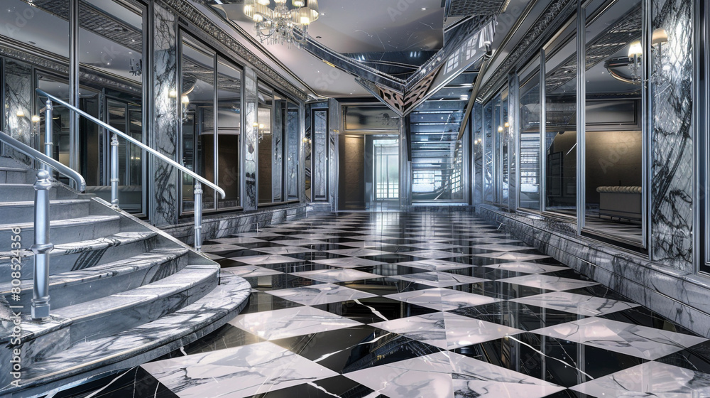 Classic luxury entrance hall with a silver veined marble staircase ...