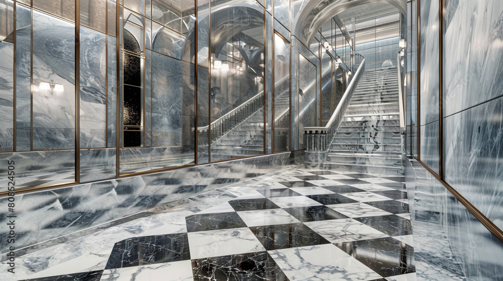 Classic luxury entrance hall with a silver veined marble staircase ...