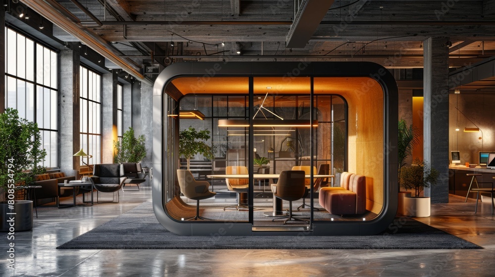 Ultra-detailed 3D rendering of a glass-enclosed meeting pod within an ...