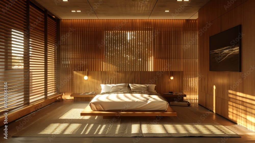 Ultra-detailed 3D rendering of a Bauhaus bedroom with wooden slatted ...