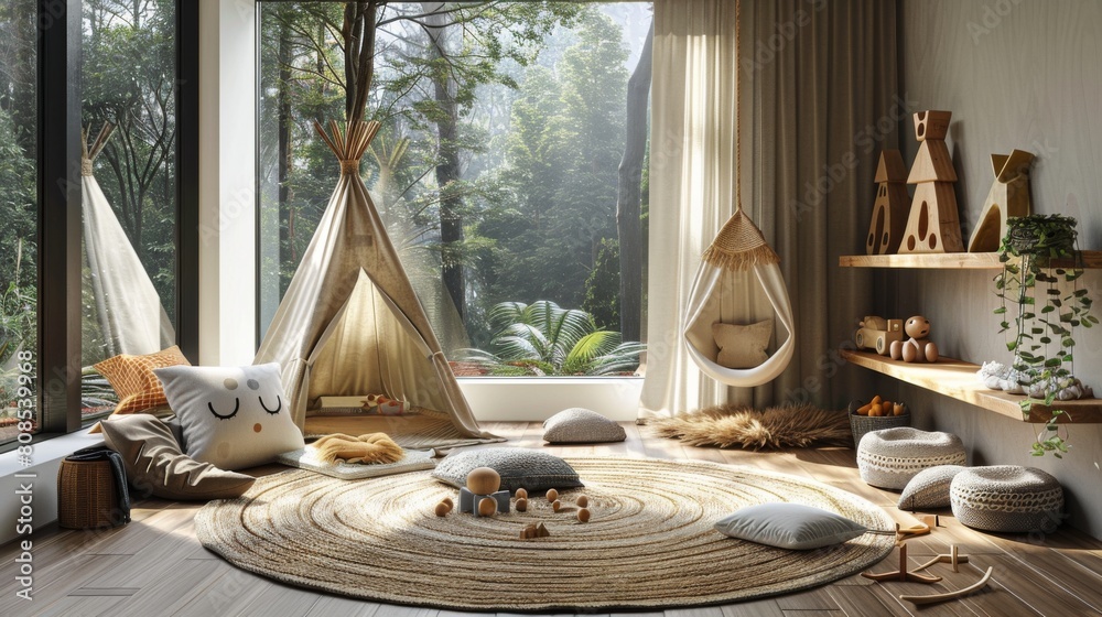 Realistic 3D image of a Scandinavian playroom with child-friendly ...