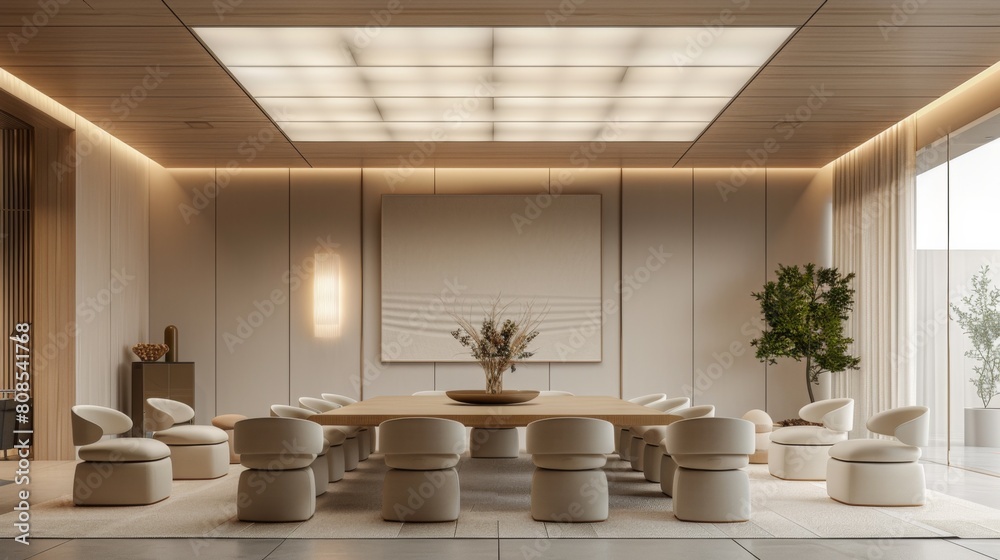 Realistic 3D image of a minimalist meeting room with a suspended ...