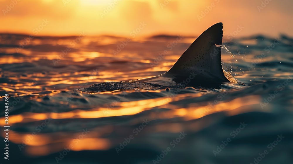 Outdoor photo of detail of a large great white shark fin, heading away ...