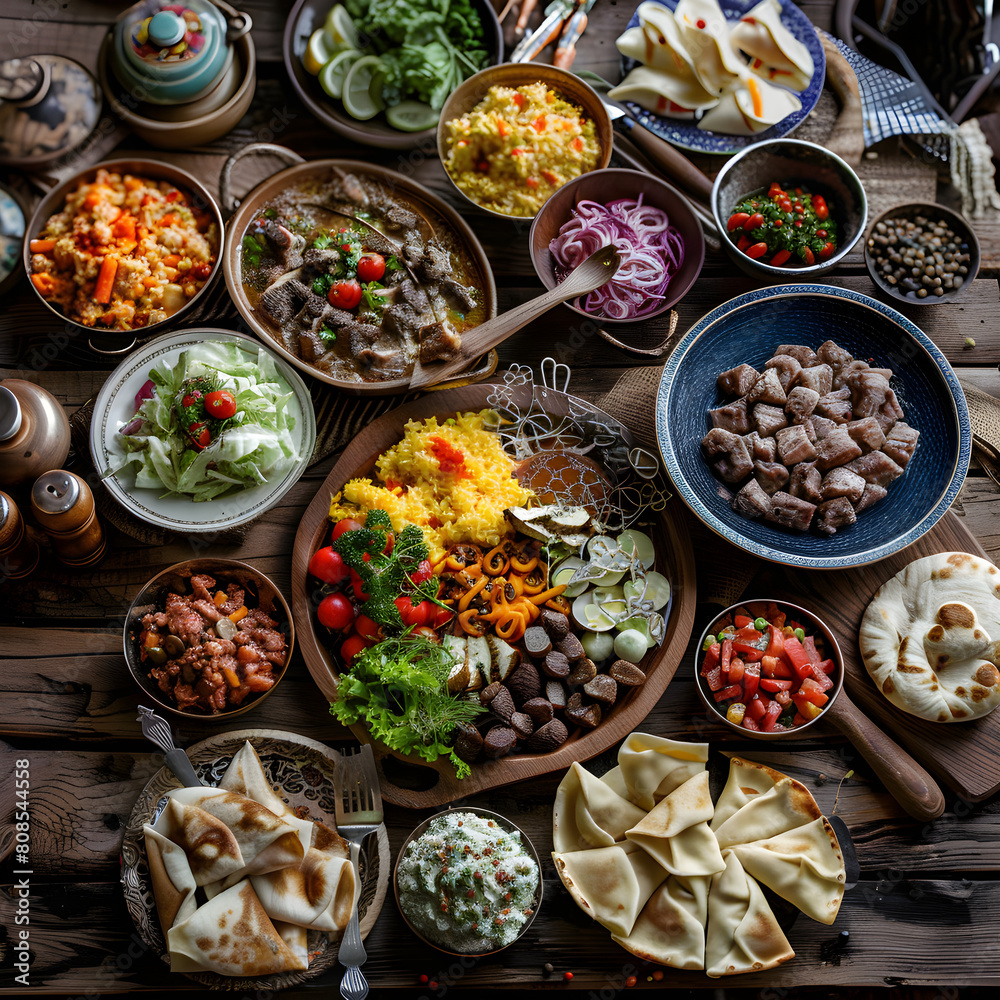 Savory Spread of Traditional Uzbek Cuisine: Colorful Array of Plov ...