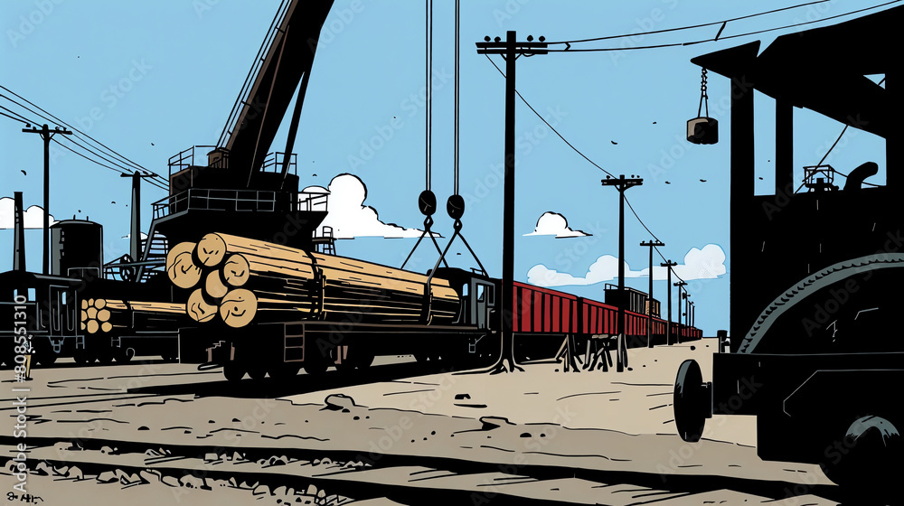 Loading zone at a timber mill, crane lifting heavy logs onto a freight ...