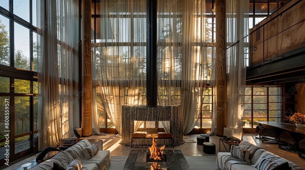 A dramatic living room with a two-story ceiling, towering windows ...