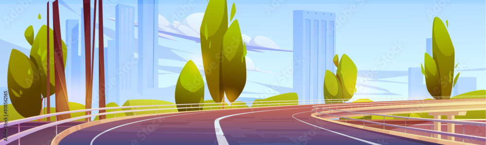 Curve bridge road lead to city with skyscrapers. Cartoon vector ...