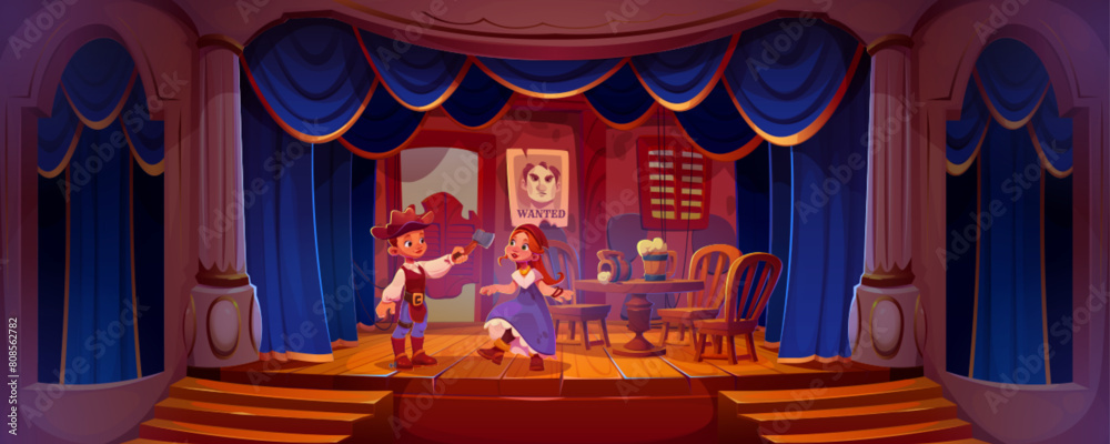 Kids on theatre stage acting performance about texas wild west in ...