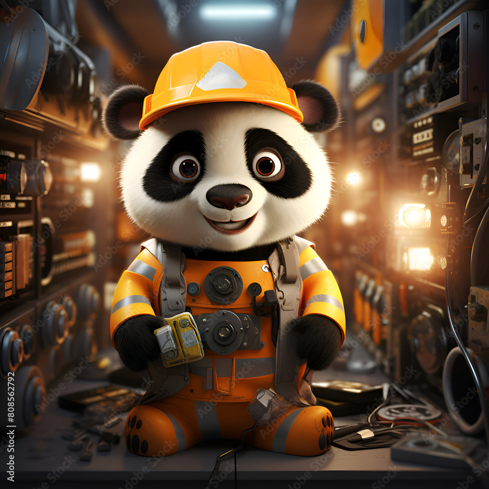 3D rendering of a panda as a construction worker in an industrial ...