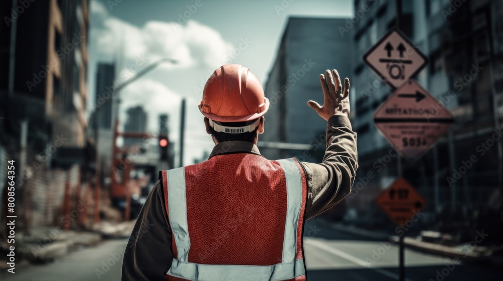 Showing the hand signal to stop Construction workers in uniforms and ...