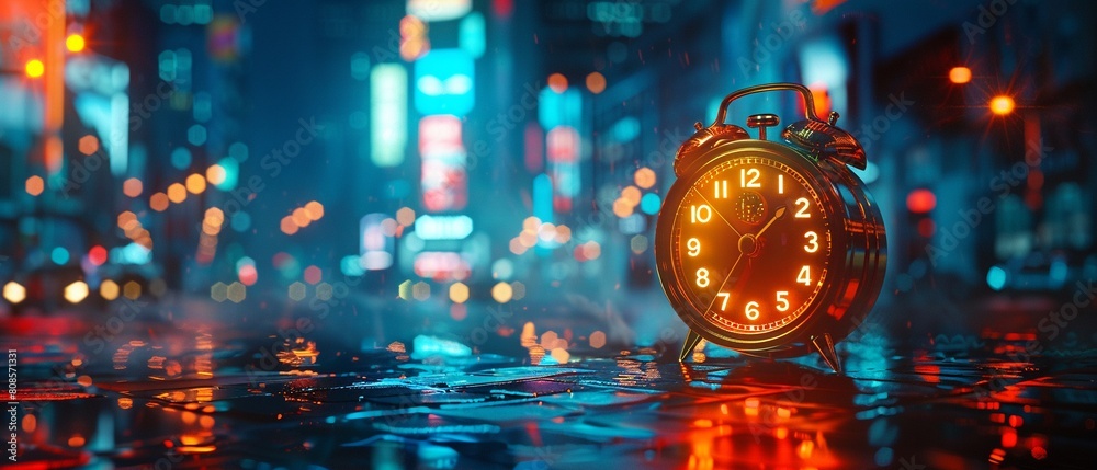An isolated classic alarm clock in focus, symbolizing urban life and ...