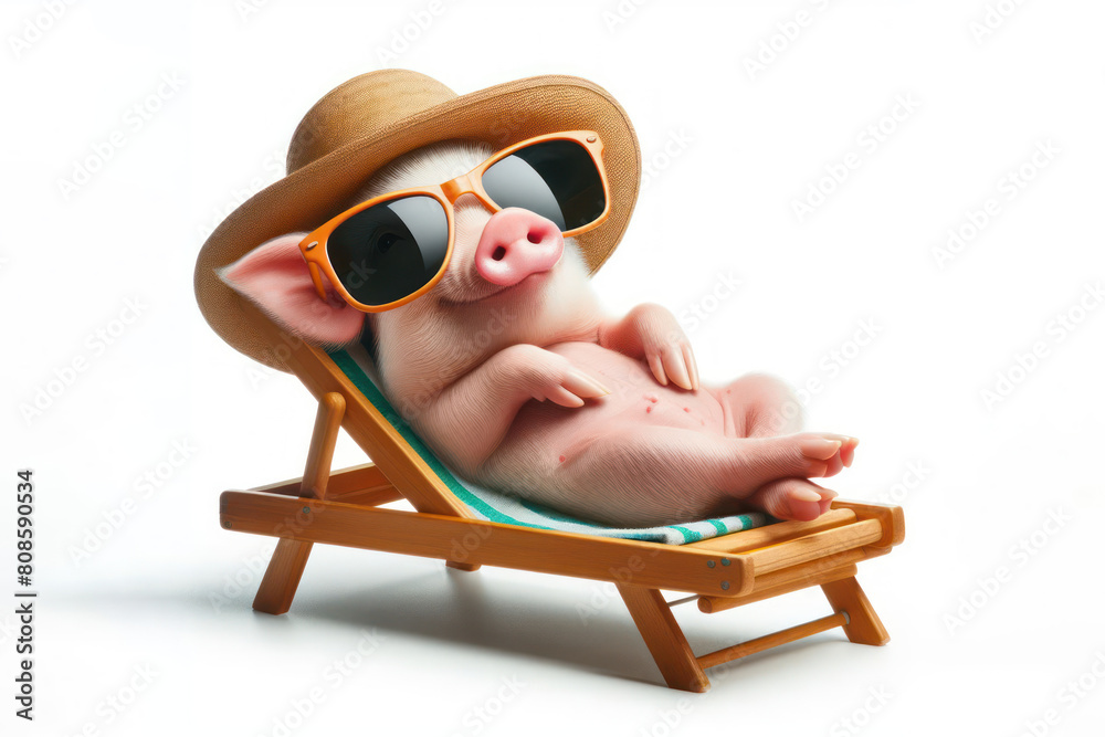 pig with sunglasses sunbathing on sun lounger isolated on white ...