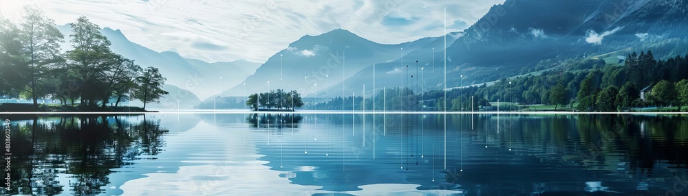 On a quiet lakeside, a floating financial timeline graph progresses ...