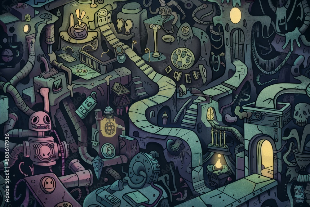 Cartoon cute doodles of a treacherous labyrinth in the underworld ...