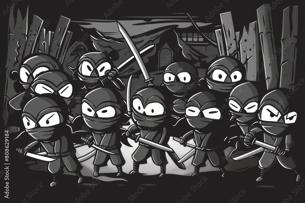 Cartoon cute doodles of a group of ninja stealthily infiltrating an ...