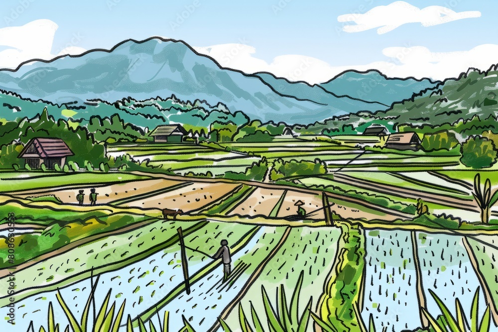 Cartoon cute doodles of a peaceful countryside scene in feudal Japan ...