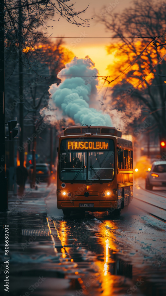 a school bus and fumes coming out of the back of the exhaust,generative ...