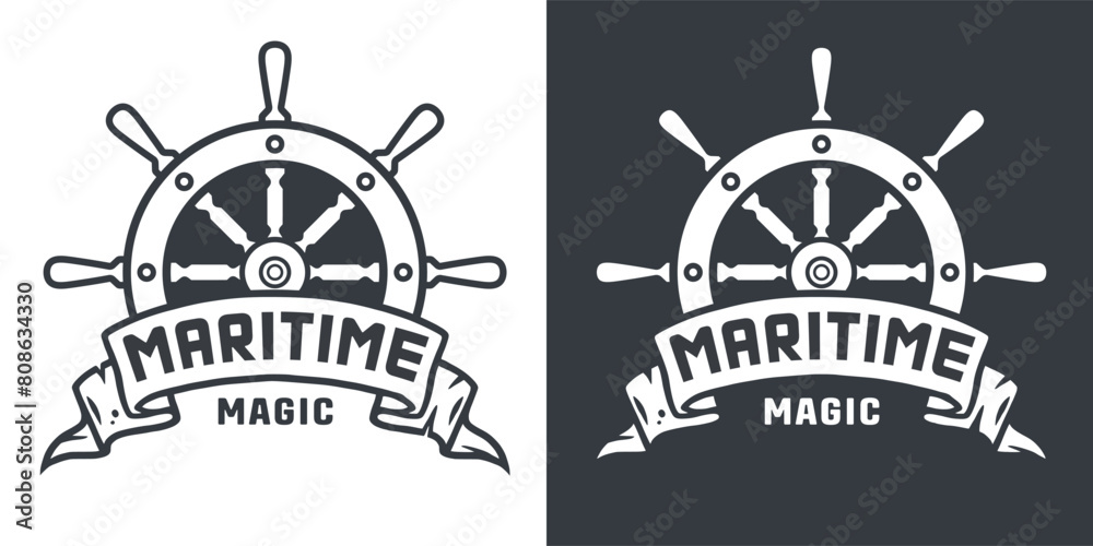 Maritime emblem sea steering ship wheel or nautical ocean helm with ...