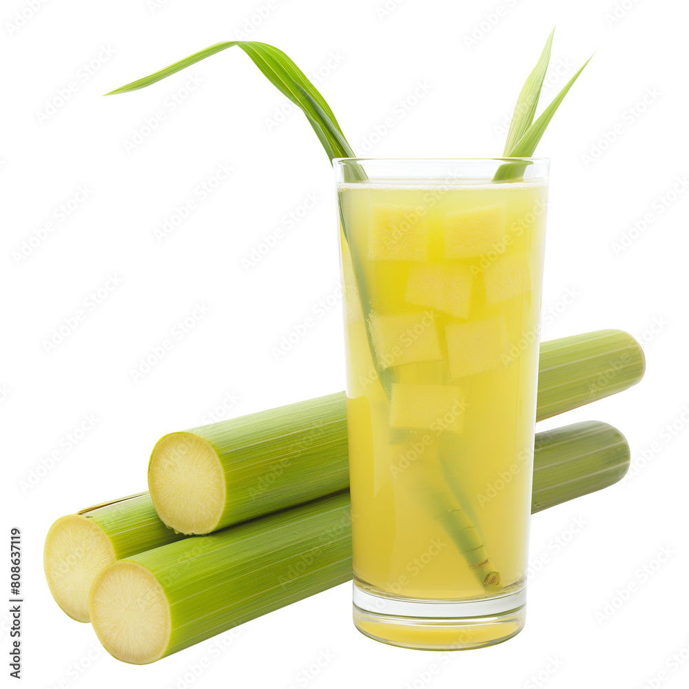 Glass of sweet Sugar cane Juice with sugar cane isolated on transparent ...