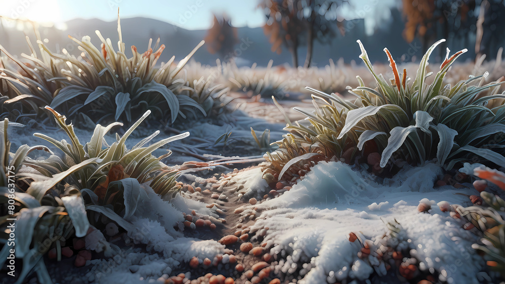 frost material, frost cover, frosty soil, frosty landscape, freezing ...