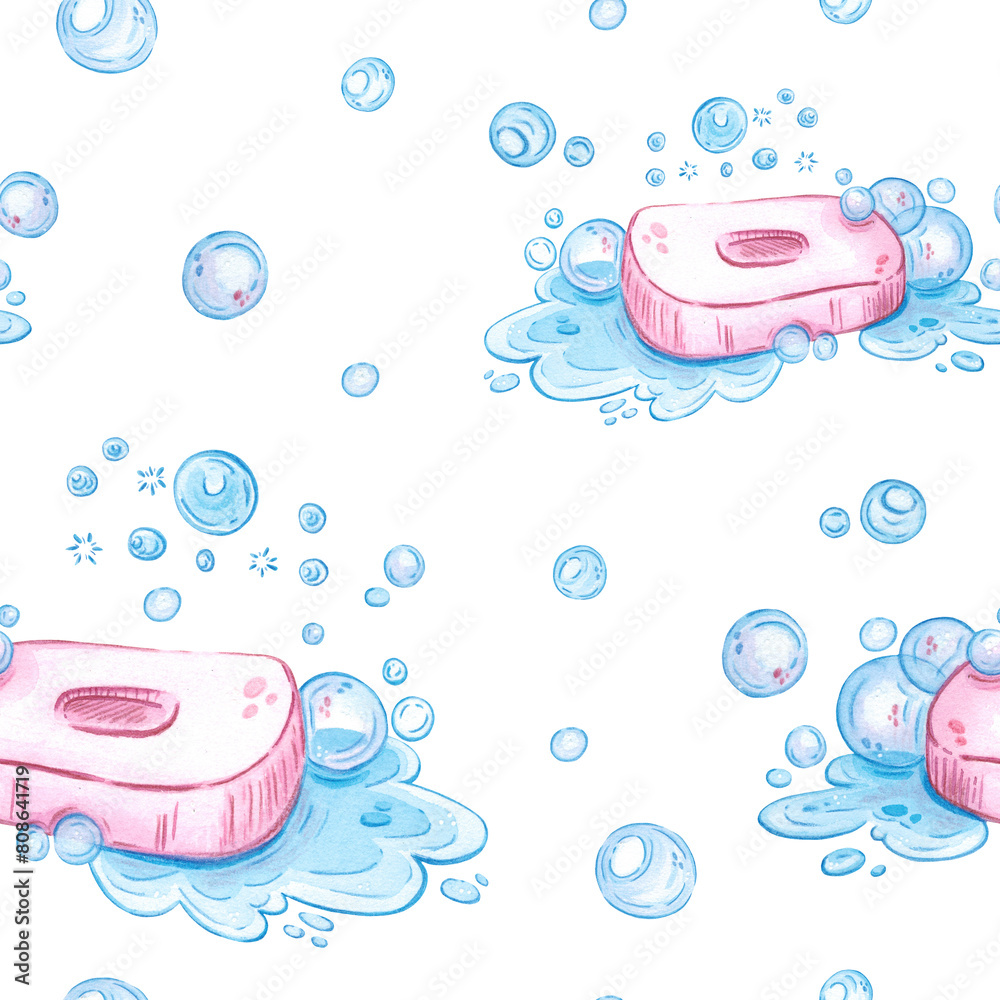 Watercolor composition drawn by hand. Pattern of soap bubbles, soap and ...