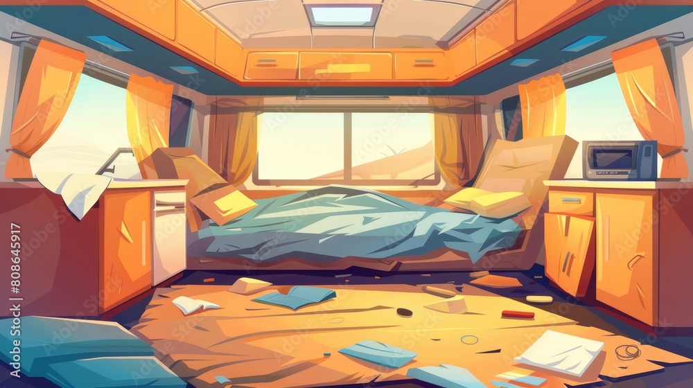 This is a modern cartoon illustration of a dirty camper with a broken ...