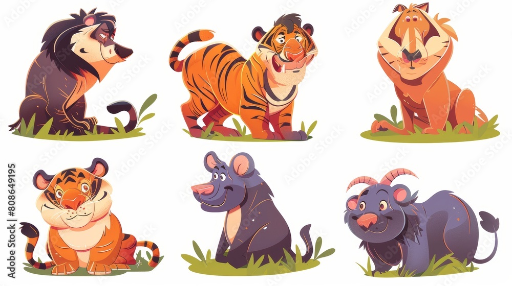 Animated wild animals on a white background, this set includes a tiger ...