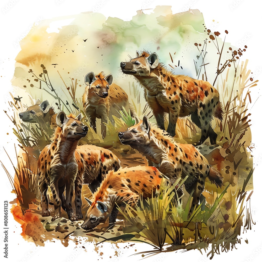 Dynamic Watercolor African Animals Clipart showcasing a pack of hyenas ...