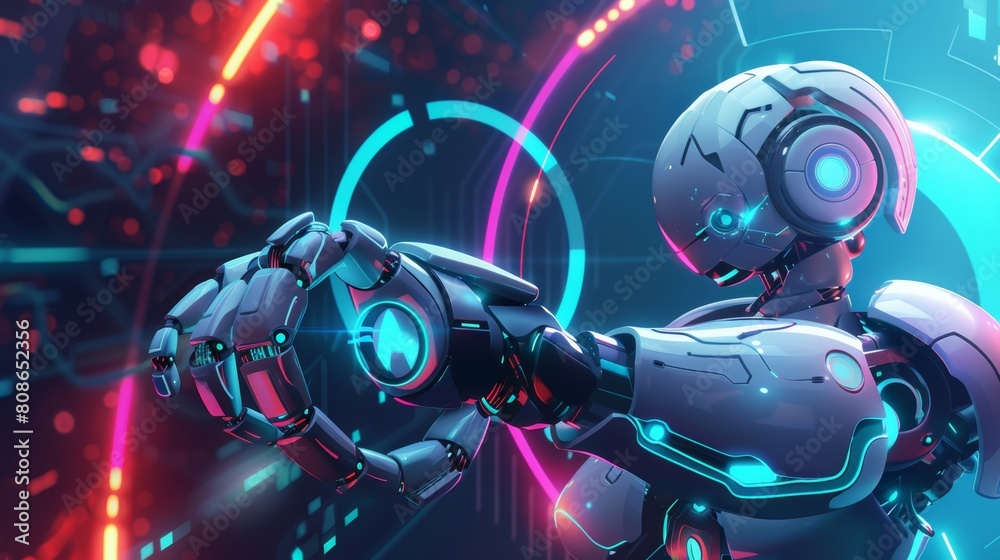 AI robots and cyborg arms against a neon glowing background ...