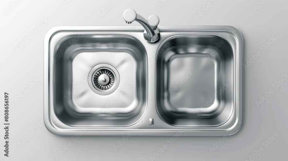3D mockup of a stainless steel sink top view. Kitchen metal washbasin ...
