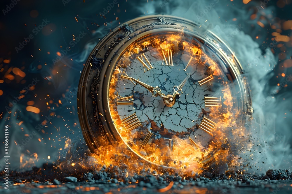Disintegrating Dial of a Futuristic Clock Consumed by Fire and Ashes ...