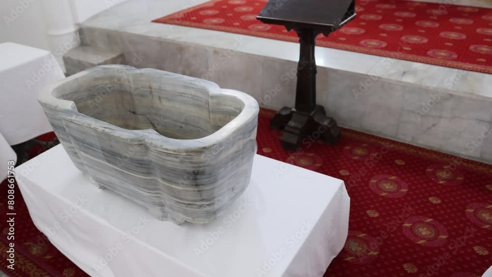 Font for Christian baptism of an infant. Baptismal font, baptistry ...