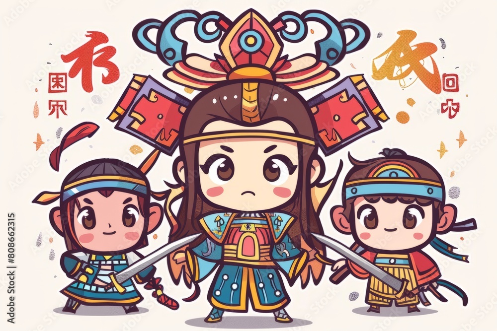 Cartoon cute doodles of the fearsome warrior Diaochan, whose beauty and ...