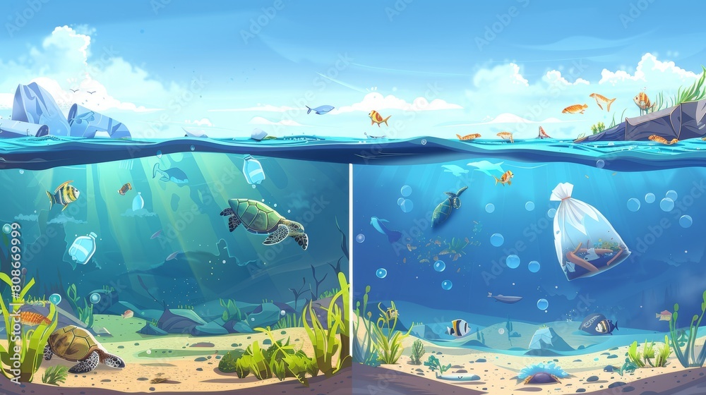 Posters with plastic trash, waste, and oil in the sea. Modern banners ...