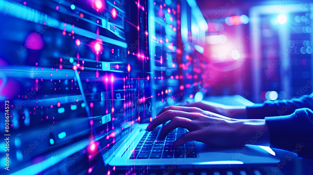 Cybersecurity specialist working in a server room, typing on a laptop ...