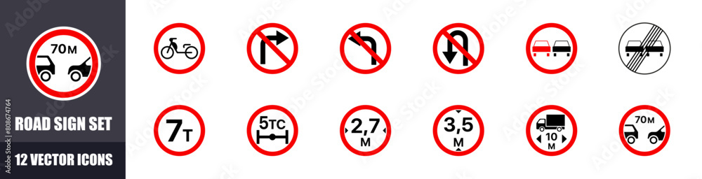 Round Road Signs Icons. Red Circle Road Signs Set. Flat Style. Vector ...