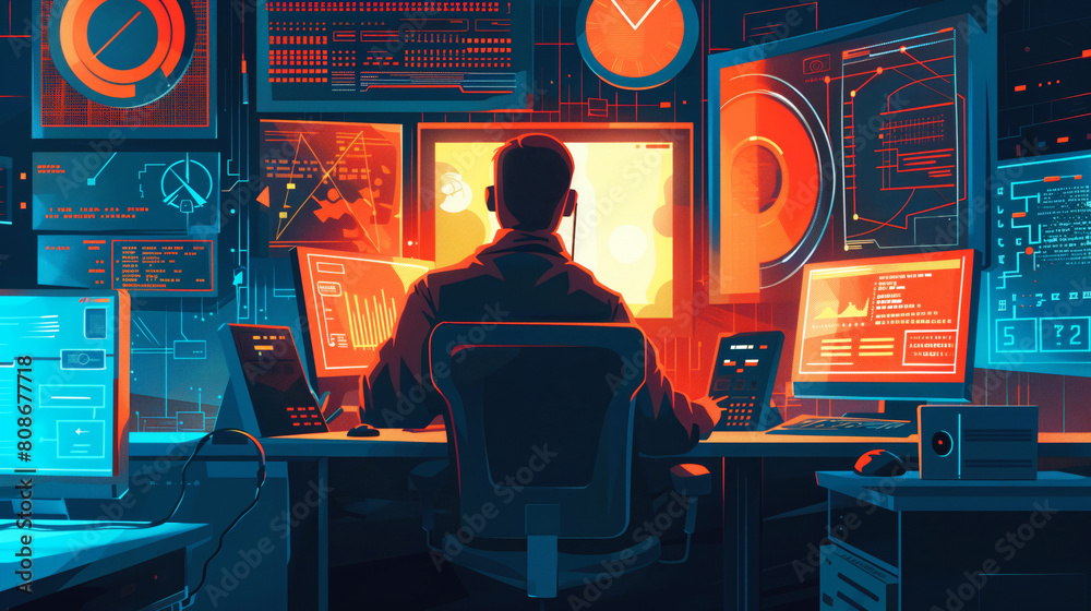 A cybersecurity expert monitors data on multiple screens within a high ...