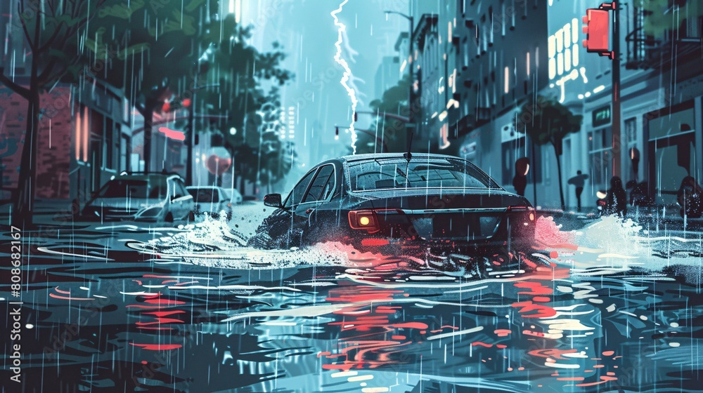 Car submerged in flood on city street digital collage. Auto trapped on ...