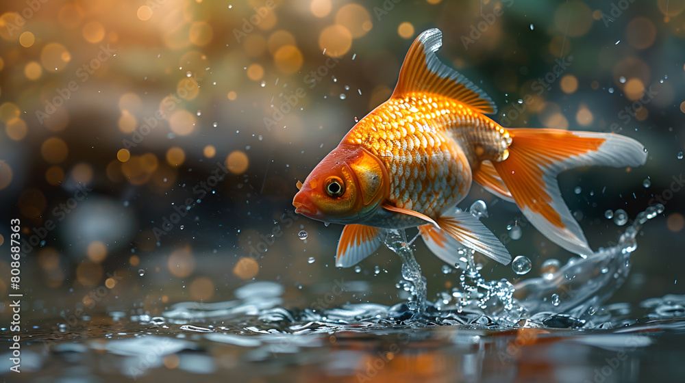 Goldfish Jumping Out of Chilled Water, A fish jumping out of the water ...