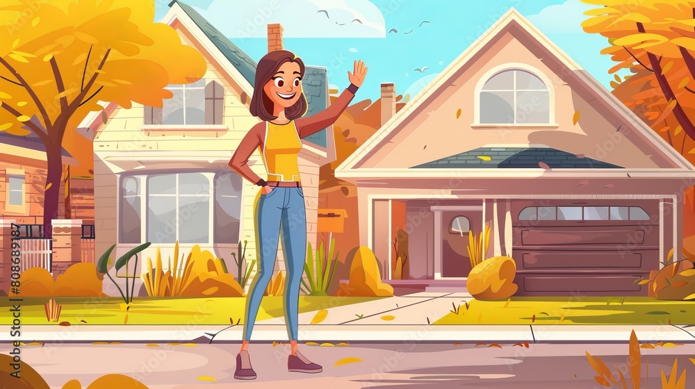 Cartoon modern illustration of young woman waving to neighbors on ...