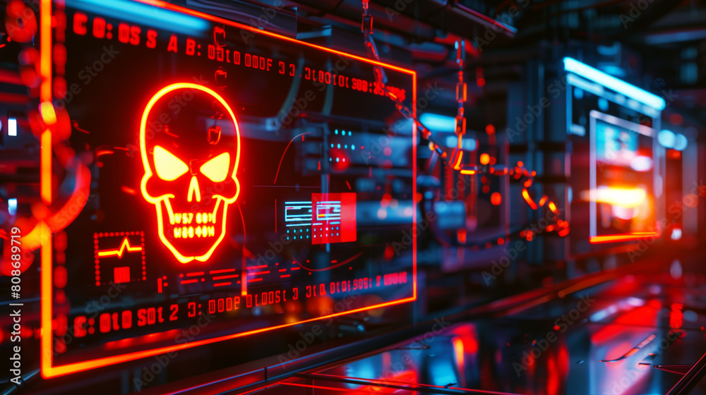 A visual representation of a cyberattack threat with a neon skull and ...