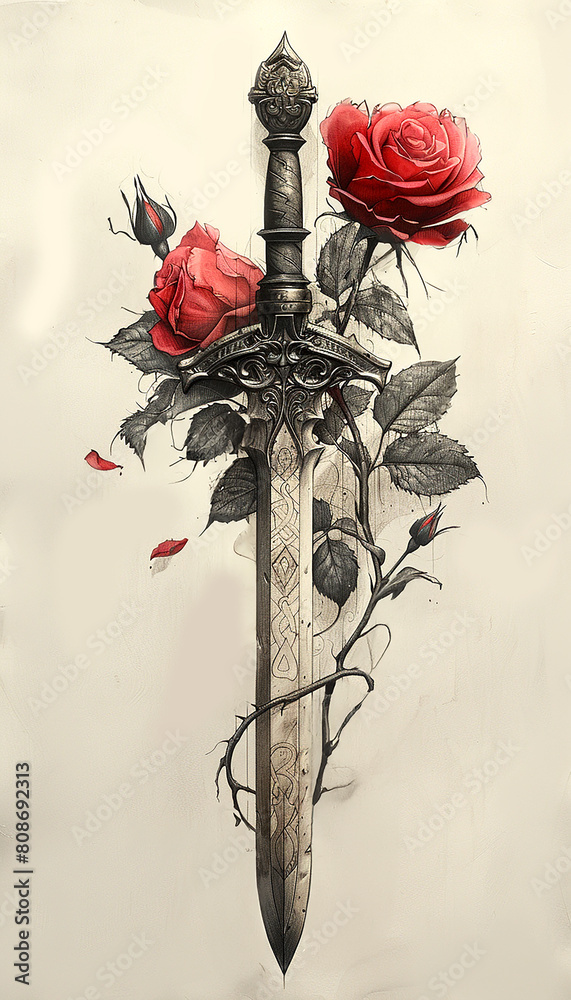black and white drawing of a sword with red roses and a snake Stock ...