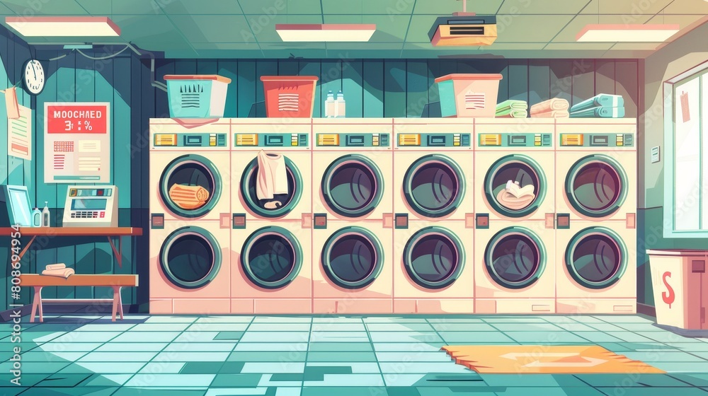 Modern cartoon illustration of a public laundry room interior with row ...